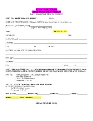 Fillable Online 2015 2016 Decorated Baby Entry Form And Rules Citrus
