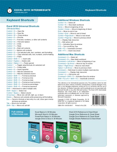 Excel Intermediate Cheat Sheet Printed