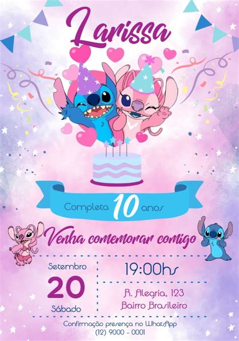 Convite Aniversário Stitch e Angel em 2024 Convite de aniversário
