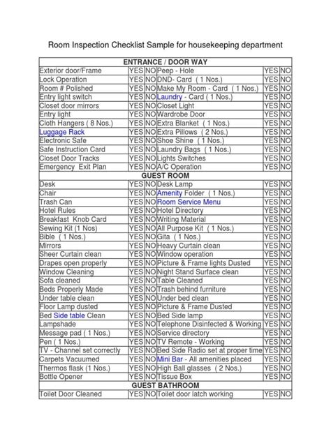 Housekeeping Inspection Checklist Template