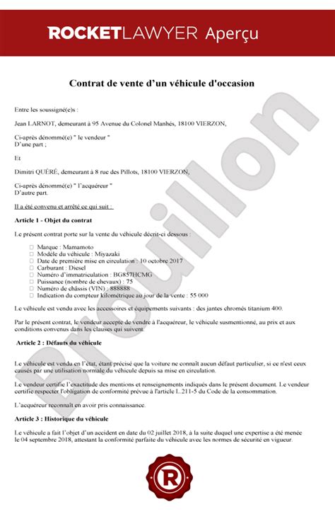 Comment vendre sa voiture Modèle de contrat gratuit