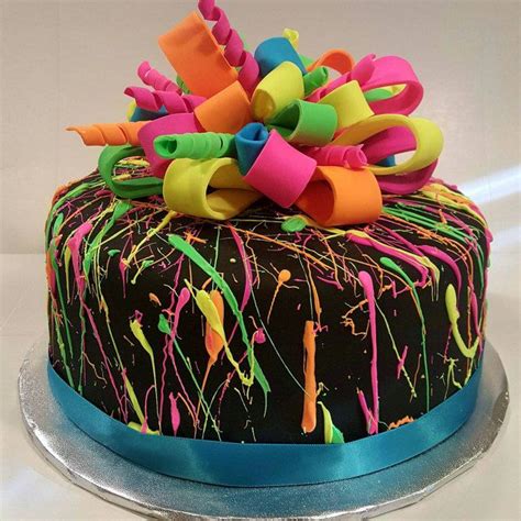 Neon Splatter Cake Black Fondant With White Chocolate Splatter Mixed