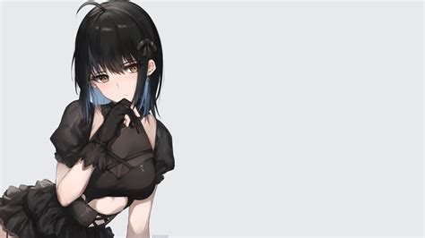 Black Hair Blush Bow Breasts Brown Eyes Choker Cleavage Cross Gloves Gothic Gray Headband