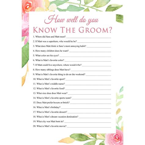 Personalized Printable How Well Do You Know The Groom Game Floral