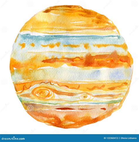 Watercolor Illustration Of Planet Jupiter Isolated Object On White