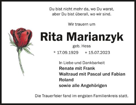 Traueranzeigen Von Rita Marianzyk Schwaebische De Trauerportal