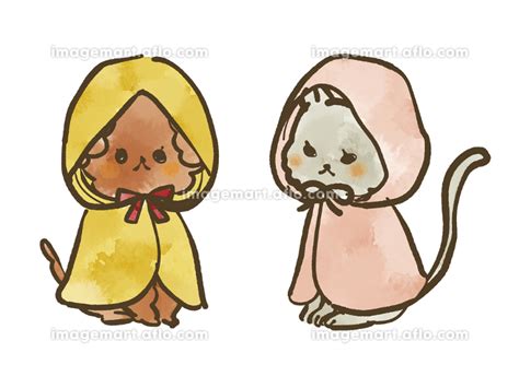 レインコートを着た犬と猫 水彩のイラスト素材 148640627 イメージマート
