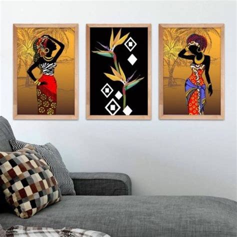kit quadro decorativo 3 peças Mulheres Rusticas Africanas abstrato