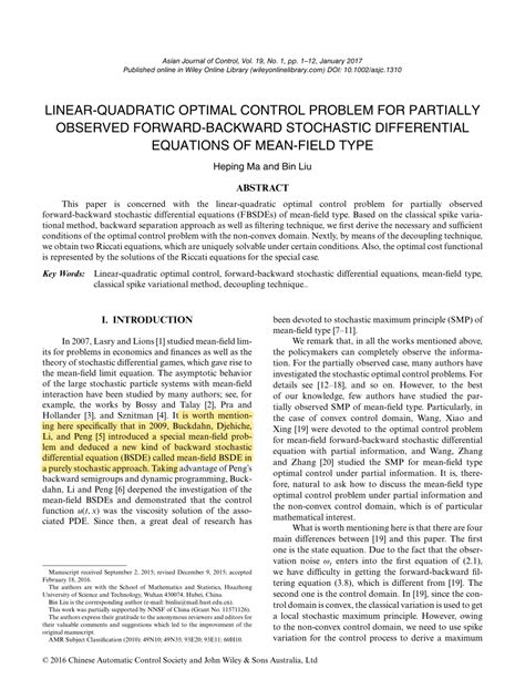 pdf linear quadratic optimal control problem for partially observed forward backward