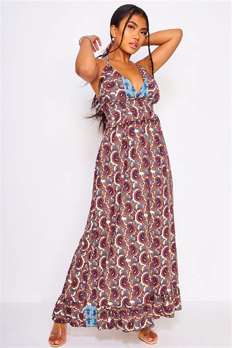 Robe longue beige marron imprimé paisley Brentiny Paris
