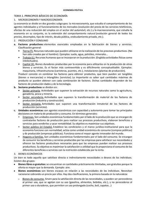 TEMA 1 Principios Básicos DE LA Economía ECONOMÕA POLÕTICA TEMA 1