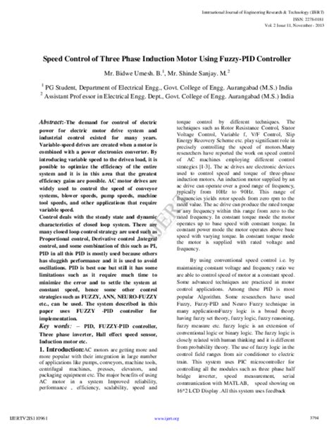 pdf ijert speed control of three phase induction motor using fuzzy pid controller ijert