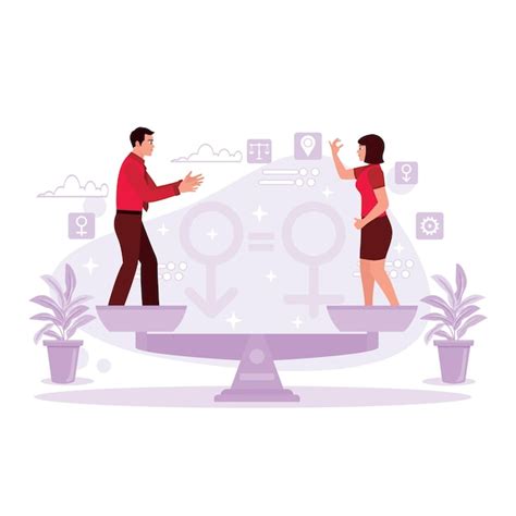 Homens e mulheres estão na balança como uma imagem da igualdade de
