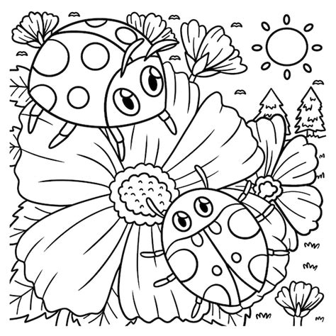 Primavera Mariquitas En Flor P Gina Para Colorear Para Ni Os Vector