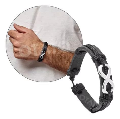 Pulsera Hombre Cuero Genuino Dije Acero Infinito Brazalete Mercadolibre