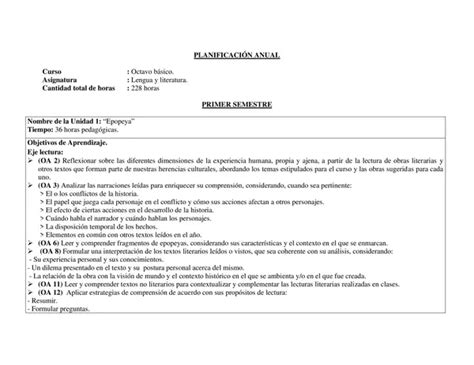 Planificacion Anual Octavo Basico Lenguaje Profe Social