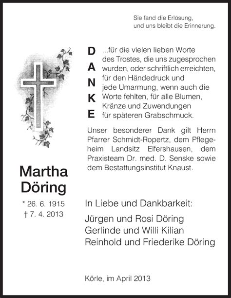 Traueranzeigen von Martha Döring Trauer HNA de