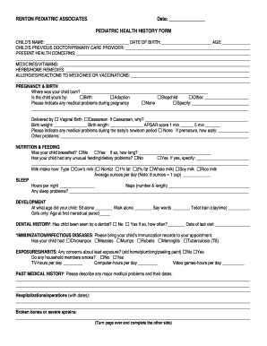 Fillable Online PEDIATRIC HEALTH HISTORY FORM Renton Pediatric