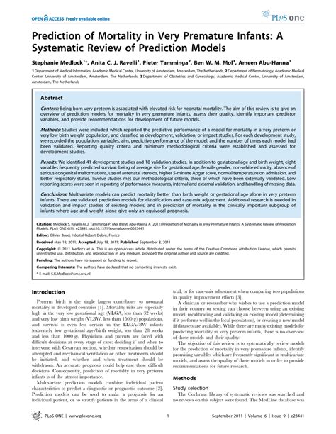 pdf prediction of mortality in very premature infants a systematic review of prediction models