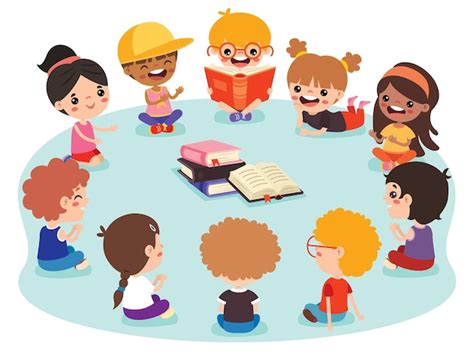 Niños sentados en círculo y libro de lectura Vector Premium
