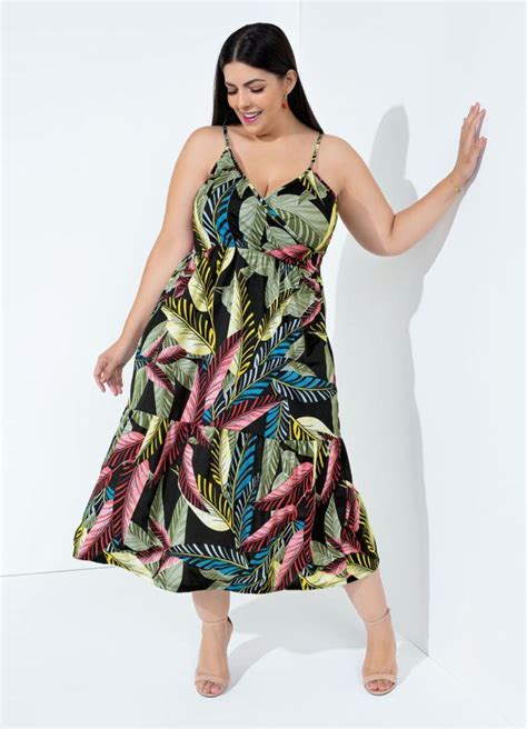 Vestido Folhagem Preto Alcinhas Plus Size Marguerite