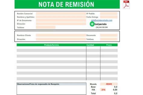 Formato Nota De Venta Para Imprimir En Excel Y Pdf