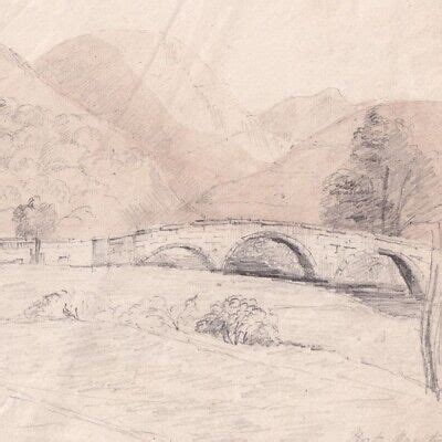 PAESAGGIO FLUVIALE ALBERI Disegno A Matita Scuola Inglese Antico 19