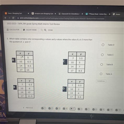 which table contains only corresponding x values and y values where the value of y is 3 more