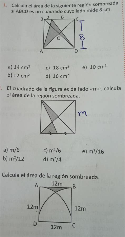 calcula el área de la siguiente región sombreada si ABCD es un cuadrado