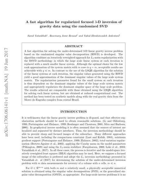 pdf a fast algorithm for regularized focused 3 d inversion of gravity data using the