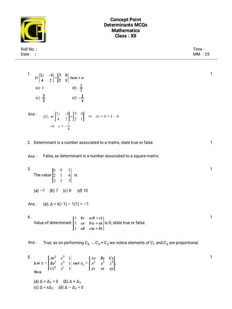 determinants mcqs answers pdf matrix mathematics functions and mappings