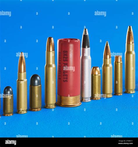 A Huge Row Of Different Bullet Types Standing On The Concrete Floor