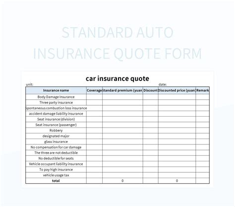 Standard Auto Insurance Quote Form Excel Template And Google Sheets