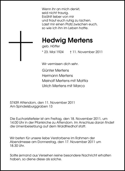 Trauer Und Todesanzeigen Von Hedwig Mertens Trauer De