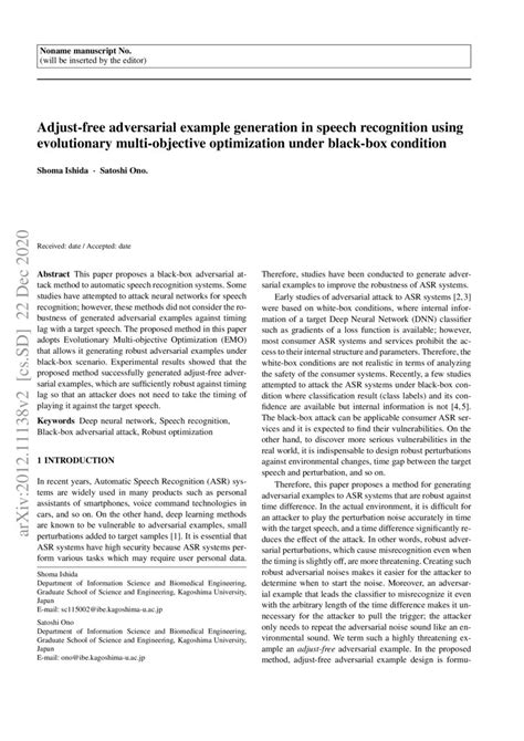 adjust free adversarial example generation in speech recognition using evolutionary multi