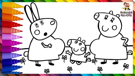 Dibuja y Colorea A La Bebé Peppa Pig Con La Embarazada Mamá Pig Y Miss