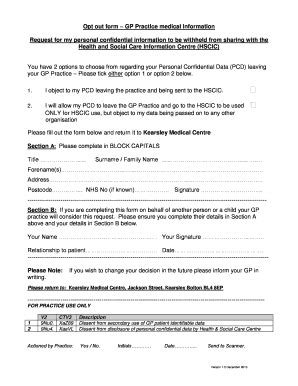 Fillable Online Kearsleymedicalcentre Nhs Opt Out Form GP Practice