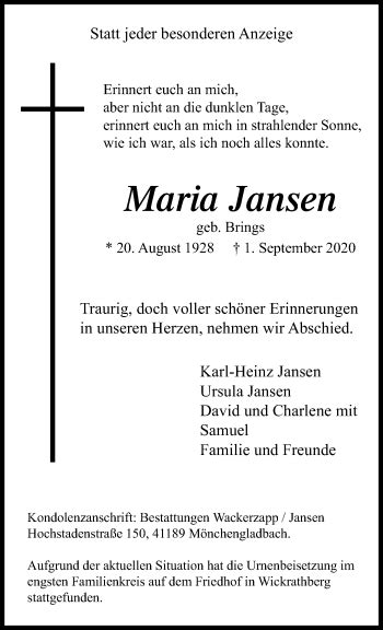 Traueranzeigen Von Maria Jansen Trauer Und Gedenken