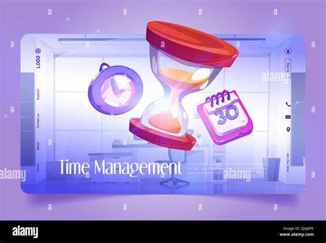 Time Management Banner With Hourglass Calendar And Clock Icons On