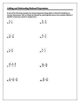 Algebra Tutorial Worksheets Adding And Subtracting Rational Expressions