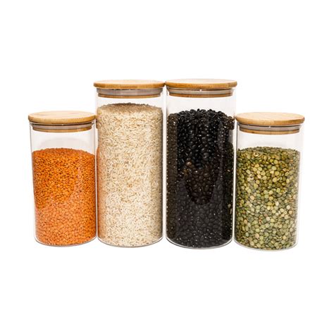 Kit De 4 Potes De Vidro Herméticos Tampa De Bambu Oikos Natural U