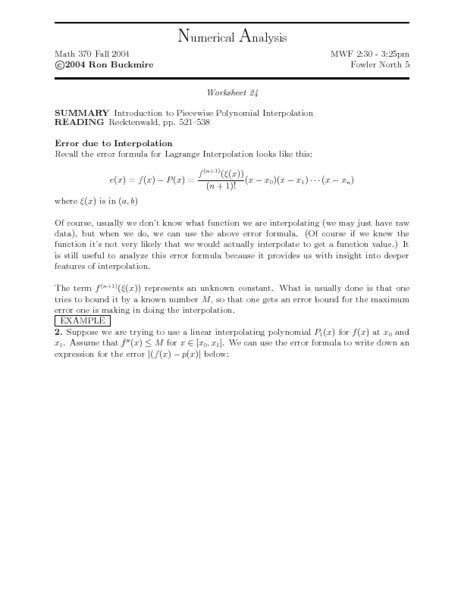 numerical analysis piecewise polynomial interpolation worksheet for higher ed lesson planet