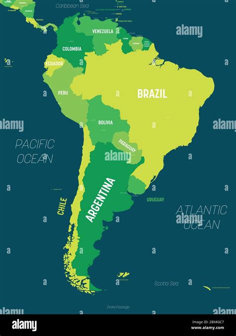 South America Map Green Hue Colored On Dark Background High Detailed