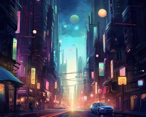 Hay un automóvil que circula por una calle de la ciudad por la noche ai
