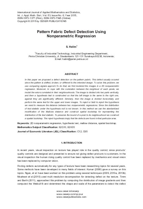 pdf pattern fabric defect detection using nonparametric regression siana halim