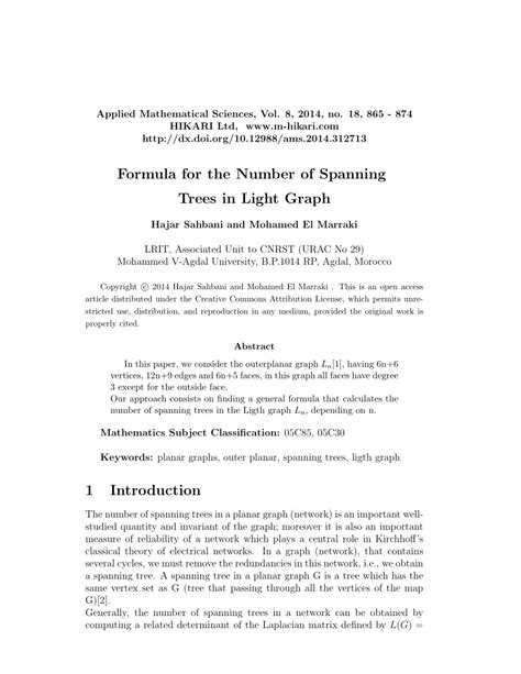 pdf formula for the number of spanning trees in light graph