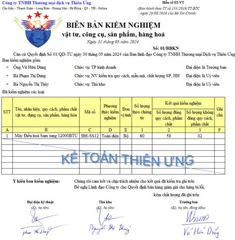 Biên bản kiểm nghiệm vật tư sản phẩm hàng hóa theo TT 133