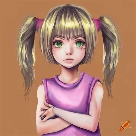 Anime Girl With Blonde Hair And Green Eyes In A Pink Sleeveless T Shirt Arms Crossed On Craiyon