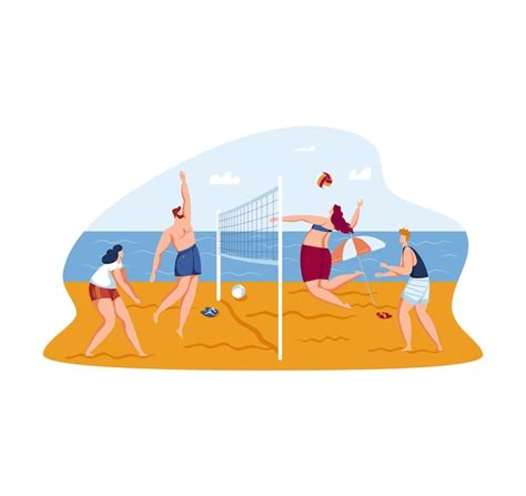 Premium Vector Four People Playing Beach Volleyball On Sand By The Sea Players In Casual