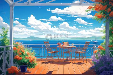 宫崎骏风格夏天海边的餐桌插画图片下载 正版图片402468302 摄图网